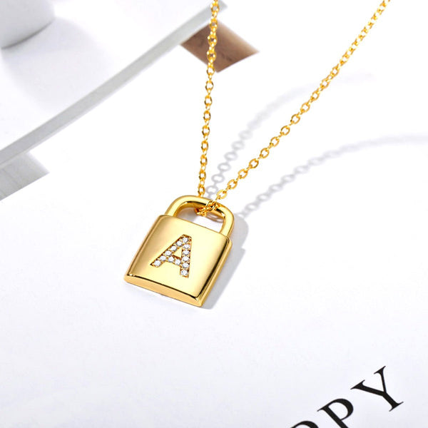 Gold Lock Necklace With Diamond Initial Letter - OurCoordinates